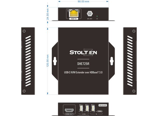 Stoltzen SHE725 HDBaseT™ USB-C Kit w/PD 18Gbps, USB2.0, 70/40m, PoC ...